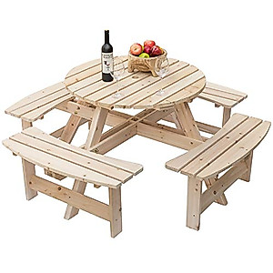 Gardenised Wooden Outdoor Patio Garden Round Picnic Table with Bench, 8 Person-Natural