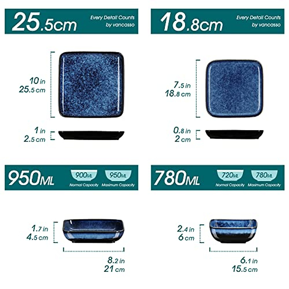 vancasso Stern Blue Dinner Set Square Reactive Glaze Tableware 16 Pieces Kitchen Dinnerware Stoneware Crockery Set with Dinner Plate, Dessert Plate, Bowl and Soup Plate Service for 4