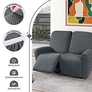 TAOCOCO Recliner Loveseat Slipcover, 6 Pieces Dual Recliner Sofa Covers for 2 Seat Dual Reclining Loveseat Couch, Stretch Soft Jacquard Pattern Furniture Protector with Elasticity Grey