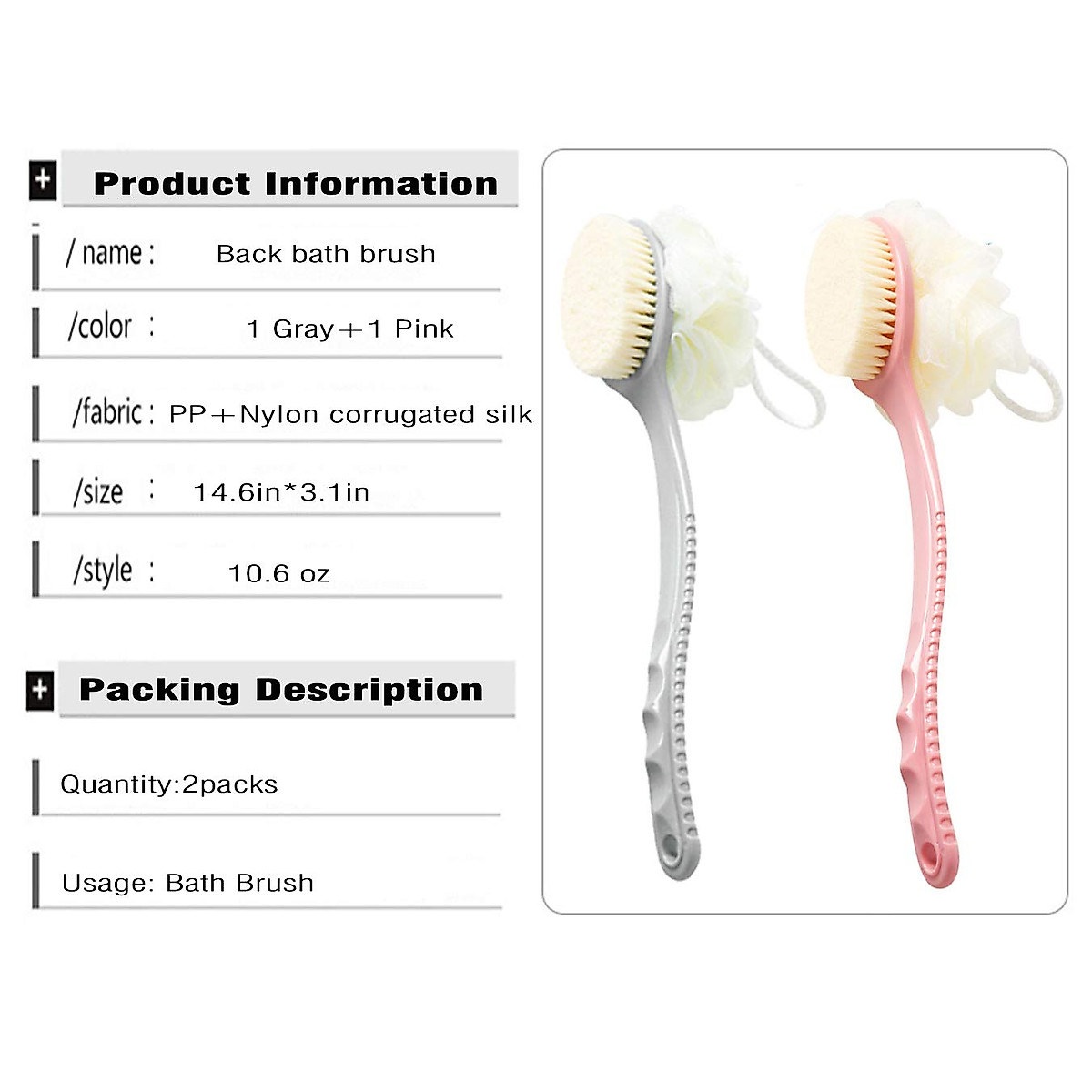 AARainbow 2 Packs Shower Body Brush with Bristles and Loofah, Back Scrubber Mesh Sponge with Curved Long Handle for Skin Exfoliating Bath, Massage Bristles Suitable for Men and Women (1Gray+1Pink)