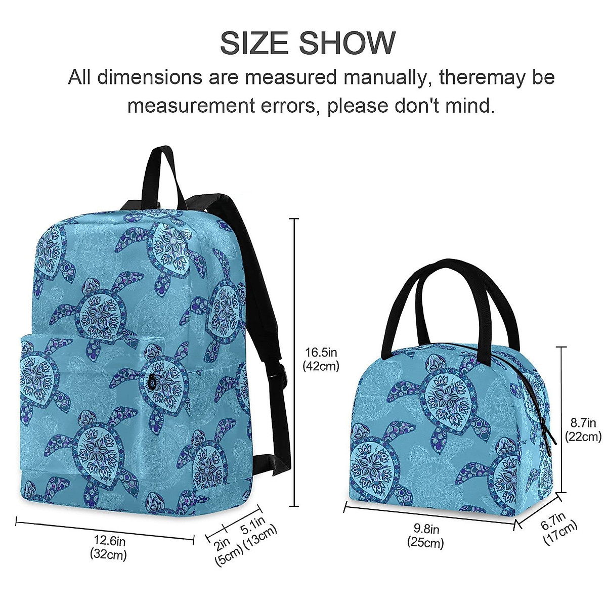 FOLIOSA Kid's Backpack Lunch Bag Set Art Teal Sea Turtle Print， Large Capacity Insulated Scratch-Resistant Backpack with Lunch Kit for School Work Suits for 6+ Years Teenager Boys Girls