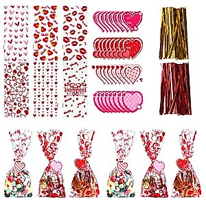 150pcs Valentine Gift Bags, 6 Styles Valentine Treat Bags Clear Valentine Day Goodie Bags with 32pcs Gift Tags and 200pcs Twist Ties for Classroom Cookie Candy Valentine's Day Party Favors