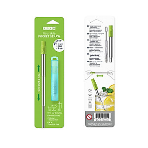 Zoku Reusable Pocket Straw, Telescopic Stainless Steel Drinking Straw with Silicone Mouthpiece, Adjustable to 9 Inches, Teal
