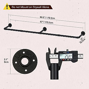 GREENSTELL Clothes Rack, 69.5 Inches Industrial Pipe Wall Mounted Closet Rod, Space-Saving Heavy Duty Hanging Clothing Rack, Detachable hanger Bar, Multi-Purpose Hanging Rod for Closet Storage 3 Base