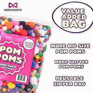 Adeweave 1000 Assorted Craft pom poms – Multicolor Bulk pom poms Arts and Crafts, Pompoms for Crafts in Assorted Size- Soft and Fluffy Puff Balls, Large Colored Cotton Balls for Home and School