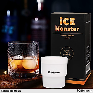 Ice Monster Whiskey Sphere Ice Mold - Ball, Cube Molds for Bourbon; Makes Thick Ice Cubes, Stackable, Easy Release Silicone - Pack of 4