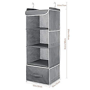 Cabilock Hanging Closet Organizer 4 Shelves with Drawer 4 Side Mesh Pockets Hanging Shelves for Closet Grey 13L×13W×36.4H inch