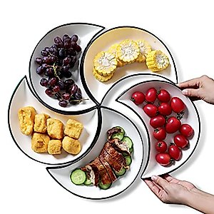 Plates and Bowls Sets,5 PCS Moon Dinner Plates Household/Hotel Porcelain Dish Set,White Ceramic Dinnerware Sets for Salad/Snack/Dessert/Appetizer, Microwave Oven and Dishwasher Safe Scratch Resistant