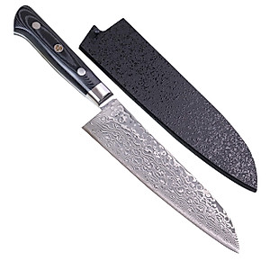 JCK Original Kagayaki Japanese Chef’s Knife, KGR-2 Professional Santoku Knife, Traditional Hammer Forged R-2 Damascus Steel with Ergonomic Linen Micarta Handle, 6.8 inch
