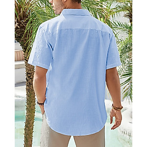 J.VER Men's Short Sleeve Linen Cotton Shirts Casual Button Down Shirt Summer Beach Tops with Pocket Light Blue X-Large