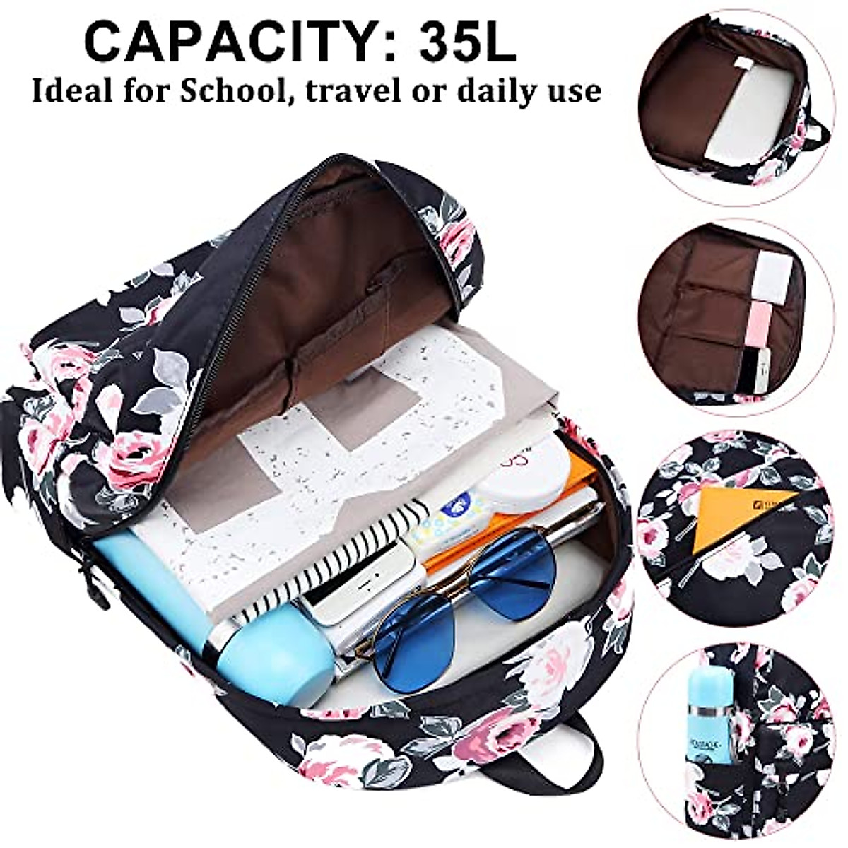 Createy School Backpack for Teen Girls Kids Bookbags Water Resistant Floral Backpack with Lunch Box Pencil Case