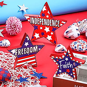 3 Pieces 4th of July Wood Star Decoration Faith Sign Patriotic Wooden Home Table Decor for Living Room Dining Table Centerpieces Memorial Day Decorations (Freedom and Independence)