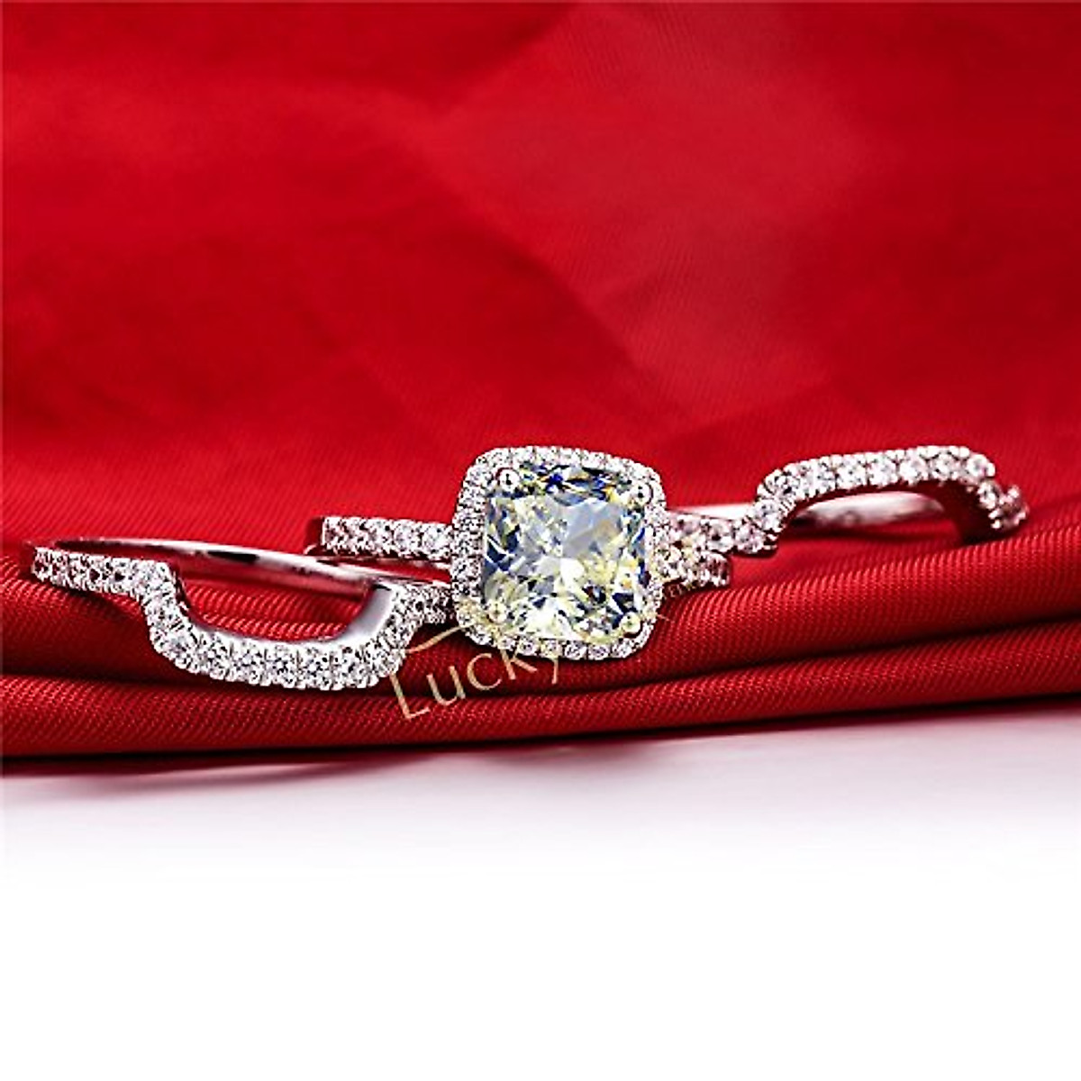 THREE MAN White Gold Plated 2CT Cushion Engagement Ring Wedding Bands NSCD Simulated Diamond Rings Set Women
