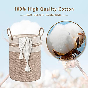 BRAIN & DANY 72L Woven Laundry Basket, Tall Cotton Rope Laundry Hamper with Handles, Large Dirty Clothes Basket Collapsible for Nursery, Bathroom, Laundry Room Organization, Bedroom Storage, Brown & White