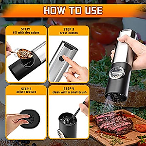 Salt and Pepper Grinder Set, Rechargeable Pepper Grinder Automatic Pepper Grinder Adjustable Coarseness with Charging Base LED Light, 2 Pack