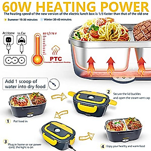 Electric Lunch Box, 60W Food Warmer, Heated Lunch Boxes for Adults, Heating Lunch Box for Work, Support 12V/24V/110V for Truck/Car/Work/Home, 304 Stainless Steel Container, Fork/Spoon/Knives, 1.5 L