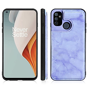 Asuwish Phone Case for OnePlus Nord N100 with Tempered Glass Screen Protector and Flip Marble Wallet Cover Card Holder Stand Accessories One Plus N 100 4G 1 Plus 1plus One+ 1+ 100N 5G Women Men Purple