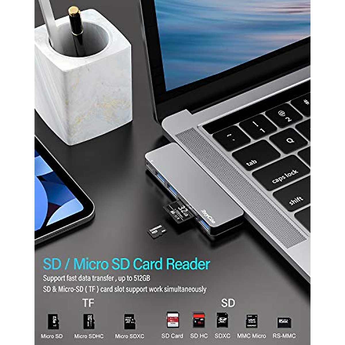 RayCue USB C Adapter for MacBook Pro/MacBook Air M1 M2 M3 2023 2022 2021 13" 15" 16",6 in 1 USB-C Hub MacBook Pro Accessories with 3 USB 3.0 Ports, USB C to SD/TF Card Reader and Thunderbolt 3 PD Port