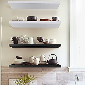 OYUGET Black Floating Shelves, 15.7 Inch Rustic White Wall Shelves, Wood Shelves for Wall Storage Decor, Farmhouse Wall Mounted Shelves for Bedroom Bathroom Living Room Kitchen Set of 4