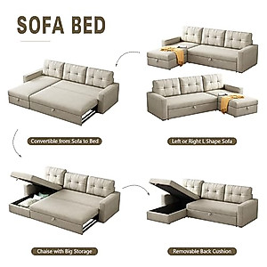 Ball & Cast 81.5" L-Shaped Convertible Sleeper Sofa, Upholstered Sectional Couch Pull Out Sofa-Bed with Storage Chaise & Removable Back Cushions, Beige