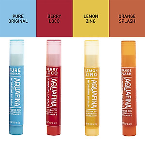 Aquafina Hydrating Lip Balm, Jojoba & Almond Oils, VIT. E, New Flavors- 4 Pack (Lemon Zing, Orange Splash, Berry Loco, Pure Original)