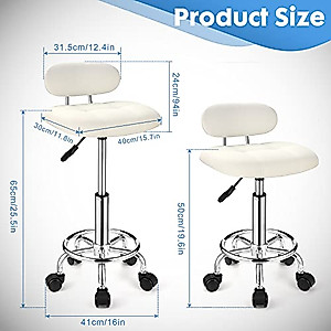 FNZIR Square Rolling Stools with Backrest Height Adjustable Swivel Stool with Wheels White