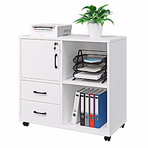 Office Storage Cabinet with 2 Drawers, Modern Rolling Cabinet with 3 Storage Shelves Printer Stand Table with Wheels for Home Office Storage (White)