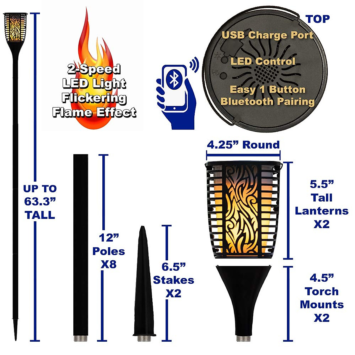 Theater Solutions TT100 Fully Wireless 120 Watt Rechargeable Battery Bluetooth Tiki Torch Speaker 2 Pack Lanterns Link Up to 99 Speakers Wirelessly, Black