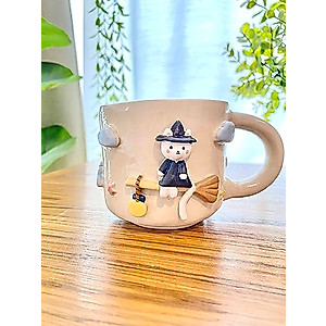 Witch cat on the broom wizard world, magic white Handmade ceramic cup, Hand-painted mug, Unique Surprise gift for Christmas or Birthday. Dishwasher and Microwave safe