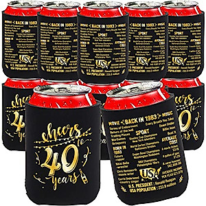 40th Birthday Decorations for Men Women Happy Forty Birthday Party Decor Supplies 1983 Vintage- 40 Years Old Birthday Party Beverage Can Cooler Sleeves (12 Pack) Black & Gold Turning 40 BC002