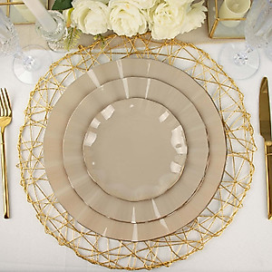 Efavormart 10 Pack | 11" Taupe Large Hard Plastic Dinner Plates With Gold Wavy Rim, Heavy Duty Disposable Dinnerware