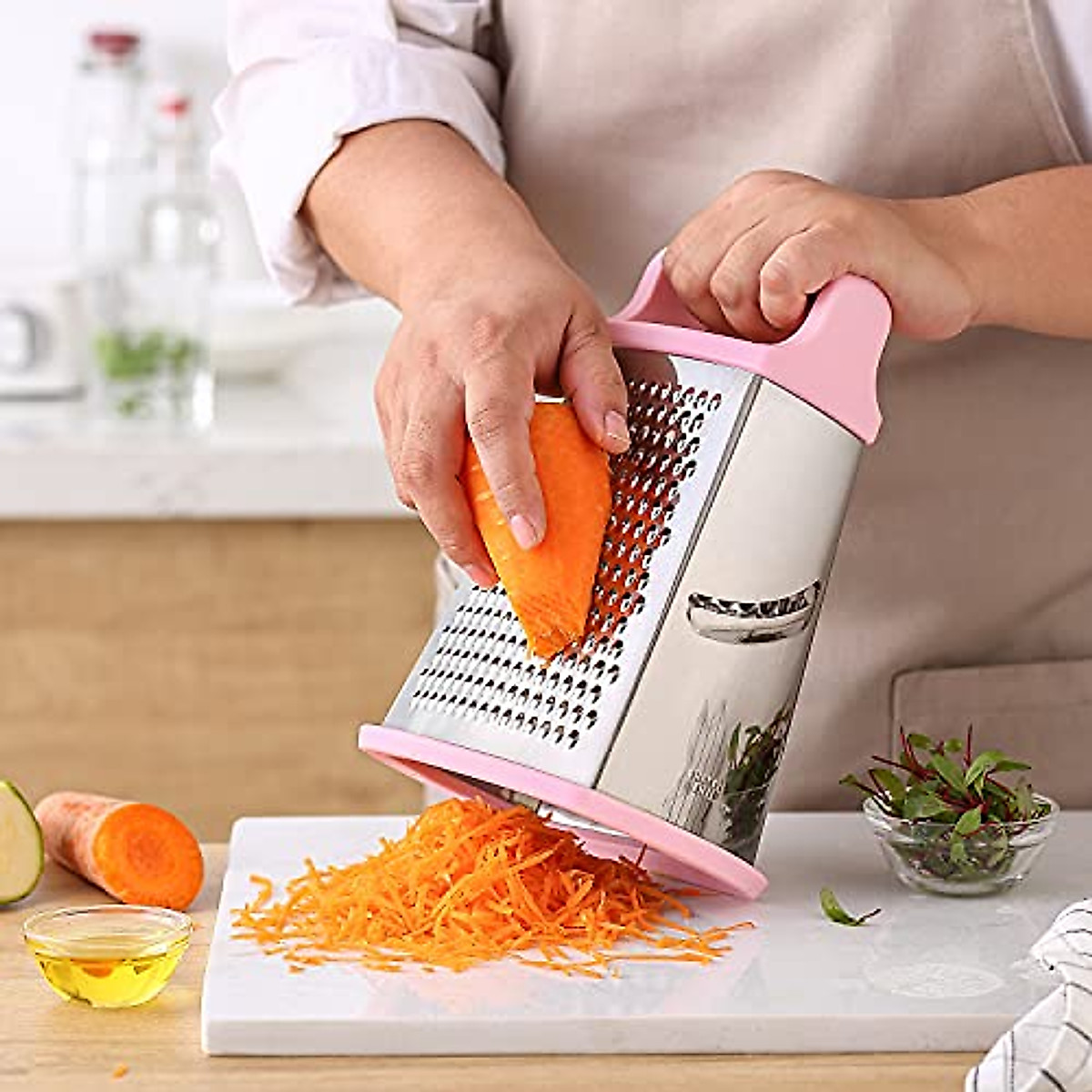 Spring Chef Professional Stainless Steel XL Parmesan Cheese Grater with Handle - 4 Sided Box Grater for Kitchen - Dishwasher Safe Carrot Shredder for Potato, Vegetables, Ginger - Pink Lemonade