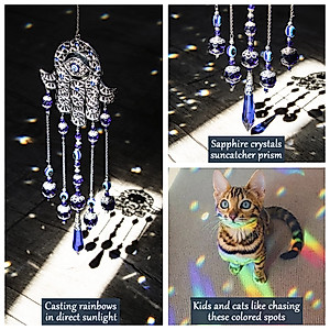 Crystal Prism Suncatcher Ornament with Hamsa Fatima Hand Protection Charm Turkish Greek Blue Evil Eye Sapphire Crystals Beads for Window Hanging Decoration
