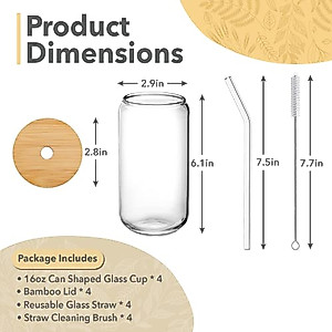 MUAZIDA Can Shaped Glass Cups with Lids and Straws, Iced coffee tumbler, Glass Cup with Bamboo Lid and Straw, Set 4pcs 16 oz Beer Glasses, Gift 2 Cleaning Brushes, Straw Case