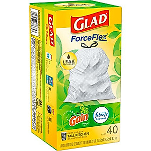GLAD ForceFlex Tall Drawstring Trash Bags, 13 Gallon White Trash Bags for Tall Kitchen Trash Can, Gain Original Scent to Eliminate Odors, 40 Count
