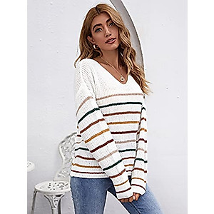 SheIn Women's V Neck Long Sleeve Sweater Drop Shoulder Striped Knitted Pullover Jumper Tops White Medium