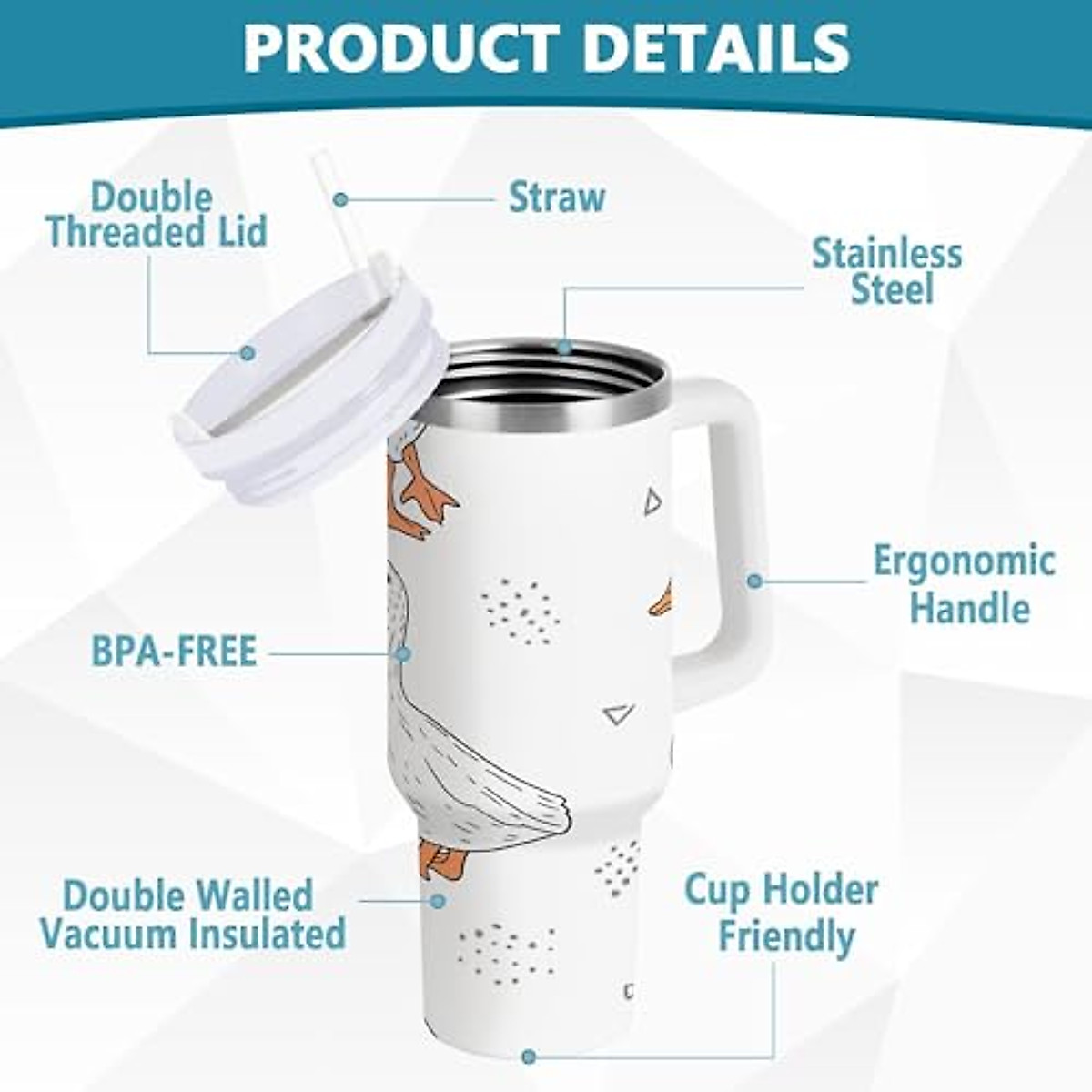 RPLIFE Cute Little Geese White Stainless Steel Tumbler, Insulated Cups with Lids, Coffee Tumbler for Women