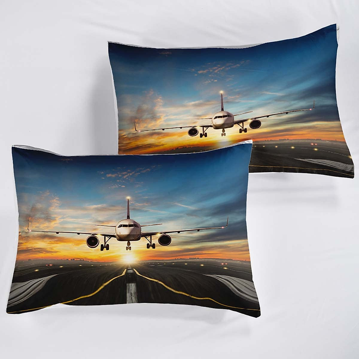 YAHFSHUILU Airplane Duvet Cover Sets 3D Print Comforter Cover Bright Orange Sunset Airplane Bedding Sets with Zipper Ties Vast Grey Runway Airplane Cover 2 Pillow Shams,Full Size