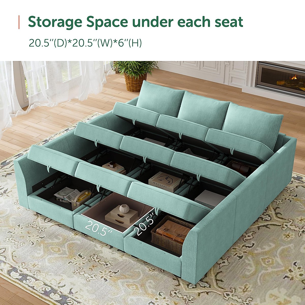 HONBAY Modular Sofa Sectional Sleeper Couch with Ottomans Reversible Sleeper Sectional Sofa Modular Couch with Storage, Aqua Blue