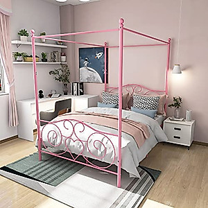 Albearing Canopy Bed Frame Platform Metal Bed Frame Heavy Duty Steel Slat and Support with Headboard and Footboard No Box Spring Required (Full, Pink)