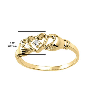10k Yellow Gold Diamond Accent Solitaire Open Heart Claddagh Ring (J-K Color, I1-I2 Clarity)- Size 6-1/4