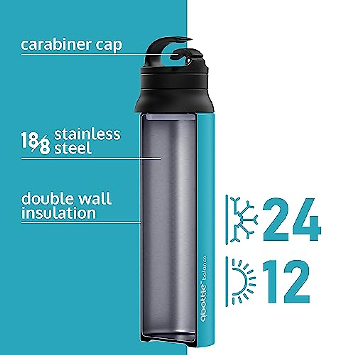 qbottle Insulated Water Bottles with Carabiner Lid – Stainless Steel Water Bottle – Leak Proof Metal Water Bottle – No Sweat – Wide Mouth – Aqua Blue, 27 oz
