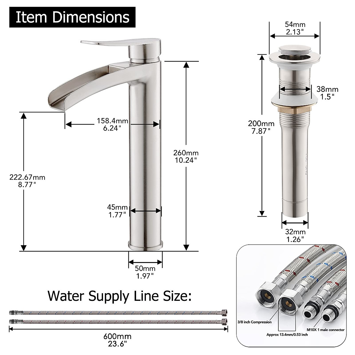 Phiestina Brushed Nickel Tall Bathroom Vessel Sink Faucet, Single Hole Single Handle Waterfall Modern Bathroom Faucet, with Pop Up Drain and Water Supply Line, NS-SF01-BN-V