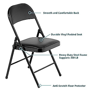 Nazhura 4 Pack Folding Chairs with Padded Cushion and Back, Khaki Metal Chairs with Comfortable Cushion and Durable Steel Frame for Home and Office, for Indoor and Outdoor Events (Black, 4 Pack)