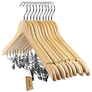 Tosnail 12-Pack Wooden Pant Hanger, Wooden Suit Hangers with Steel Clips and Hooks, Natural Wood Collection Skirt Hangers, Standard Clothes Hangers