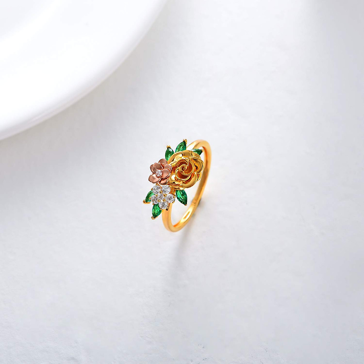 SISGEM 10K Real Gold Rose Flower Leaf Charming Rings for Women,Inlaid Moissanite Three Flower Attractive Ring for Valentine Day,Delicate Birthday Gift for Mom or Wife (10K-Yellow, 6)