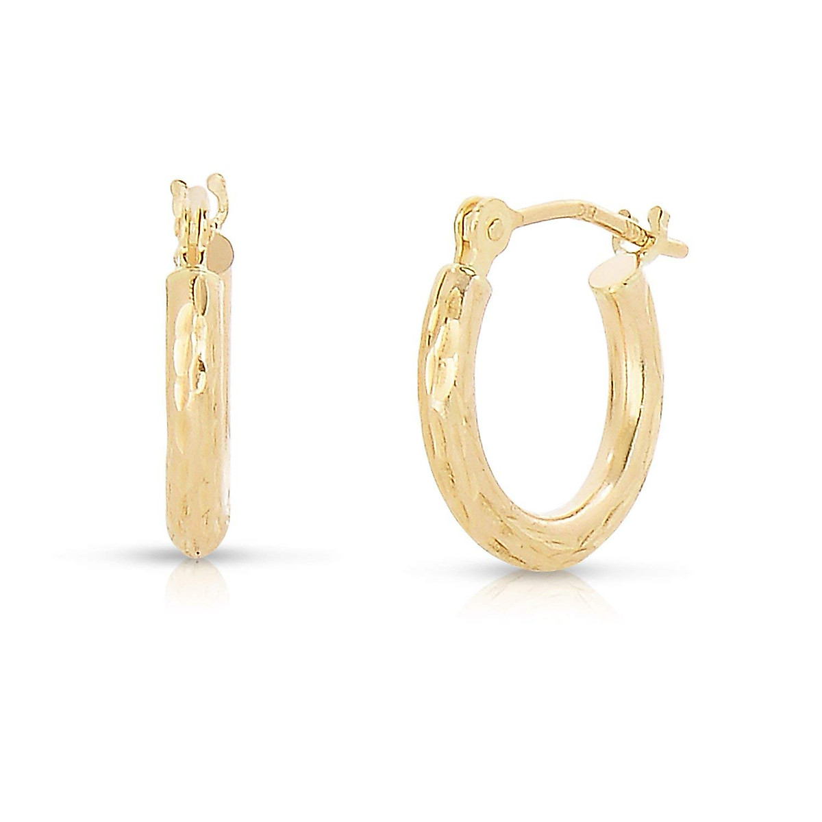 14k Gold Small Hoops Diamond-cut Engraved Hoop Earrings (Yellow Gold)