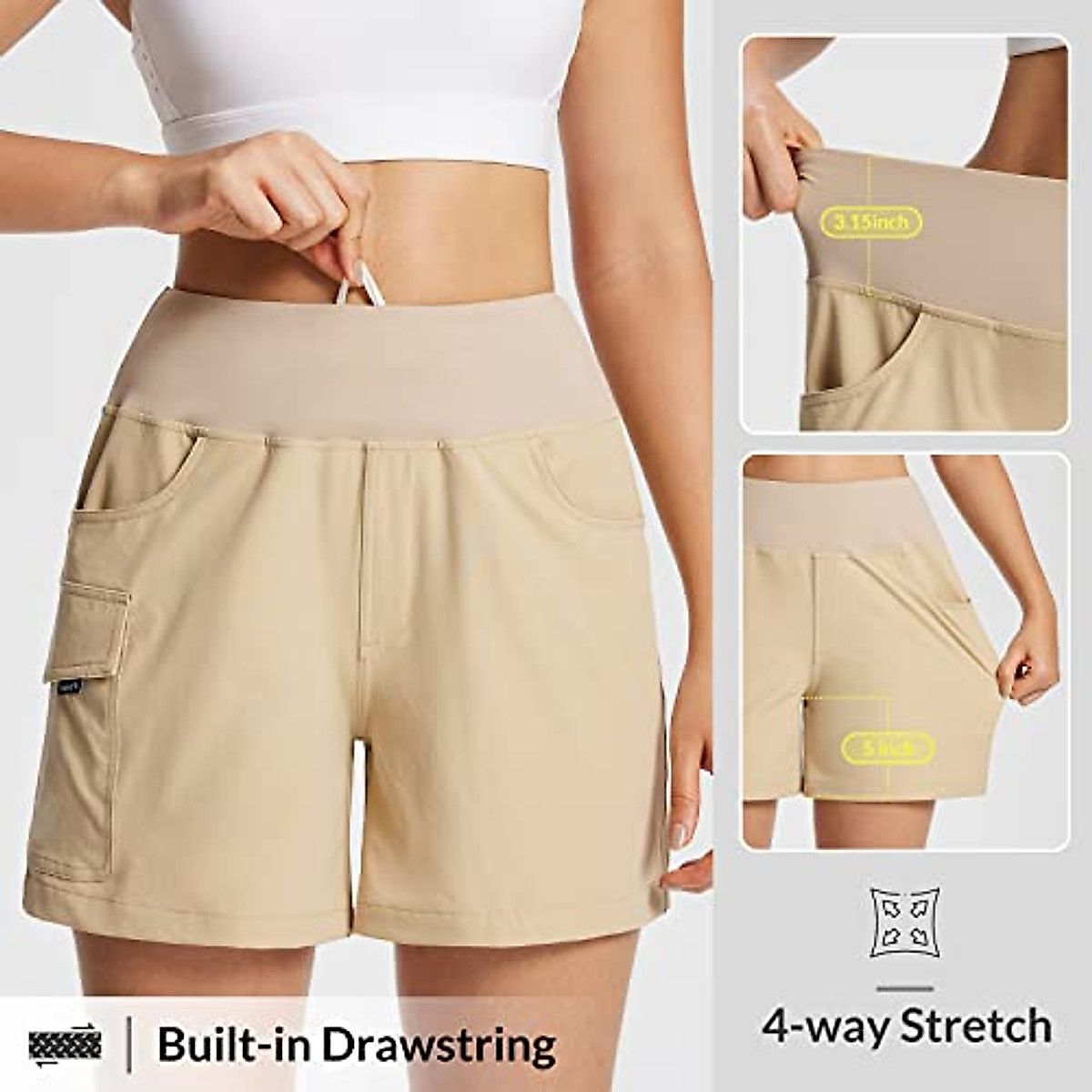BALEAF Women's 5" Athletic Shorts High Waisted Quick Dry with Cargo Pockets Hiking Climbing Summer Shorts-Khaki-L