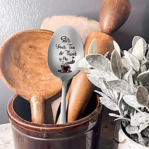 family Kitchen Funny Stir Your Tea and Think of Me Engraved Stainless Steel Coffee Tea Spoon, Coffee Tea Lover Gift for Husband Wife Couple Birthday Valentine Anniversary Christmas Gift
