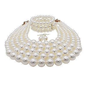 MeliMe Faux Big Pearl Srand Necklaces for Women 5 Layers Pearl Bib Collar Necklace Bracelet and Earrings set 1920s Costume Pearl Jewelry Bridal Wedding gift (white pearl necklace set)